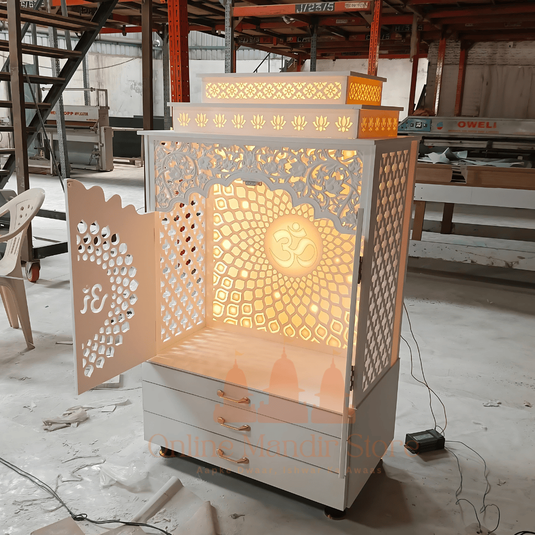 Elegant White Corian Mandir with Folding Doors and Backlit Om Symbol ...