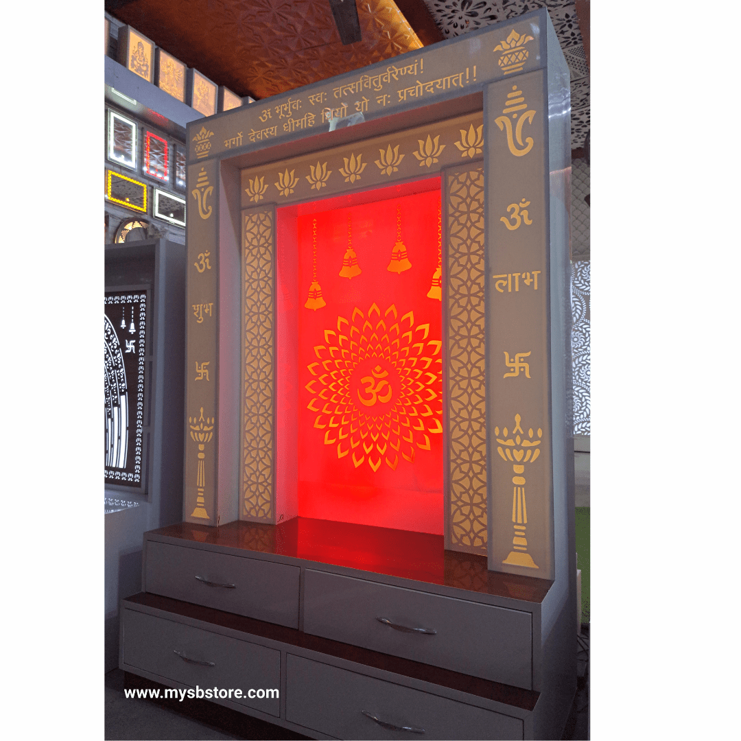 Om Mandir with Acrylic Om and Storage Space | Acrylic Pillar Online