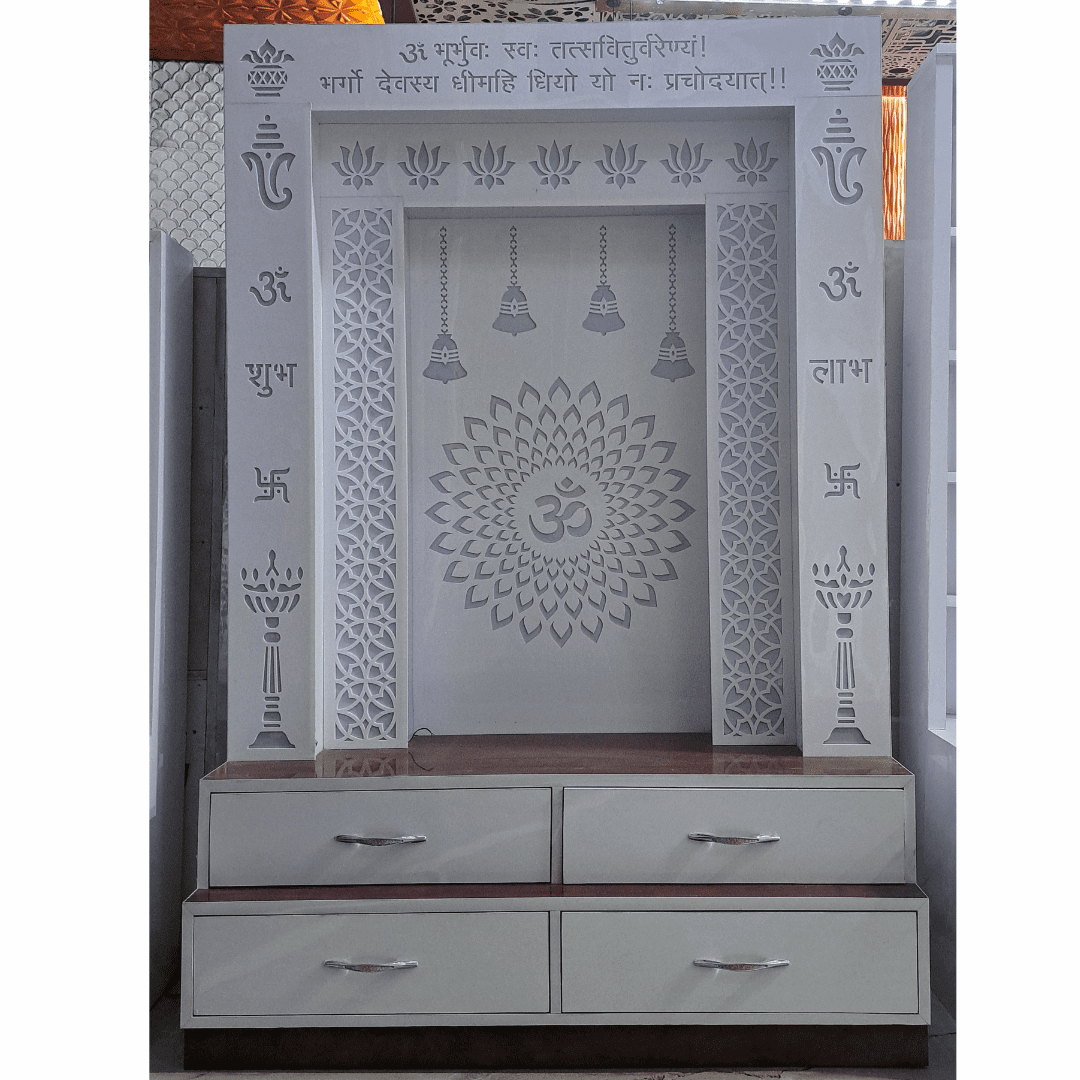 Om Mandir with Acrylic Om and Storage Space | Acrylic Pillar Online
