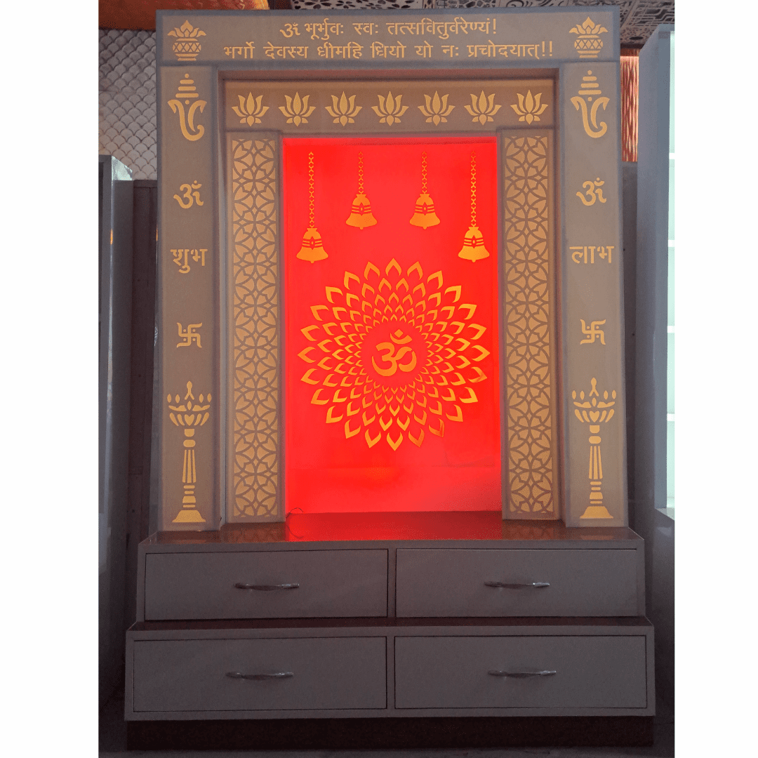 Om Mandir with Acrylic Om and Storage Space | Acrylic Pillar Online