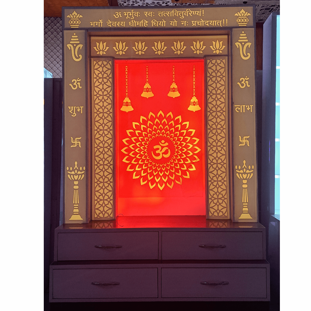 Om Mandir with Acrylic Om and Storage Space | Acrylic Pillar Online