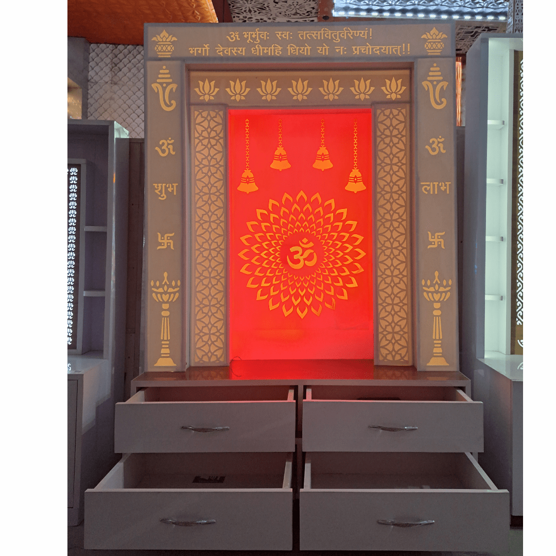 Om Mandir with Acrylic Om and Storage Space | Acrylic Pillar Online
