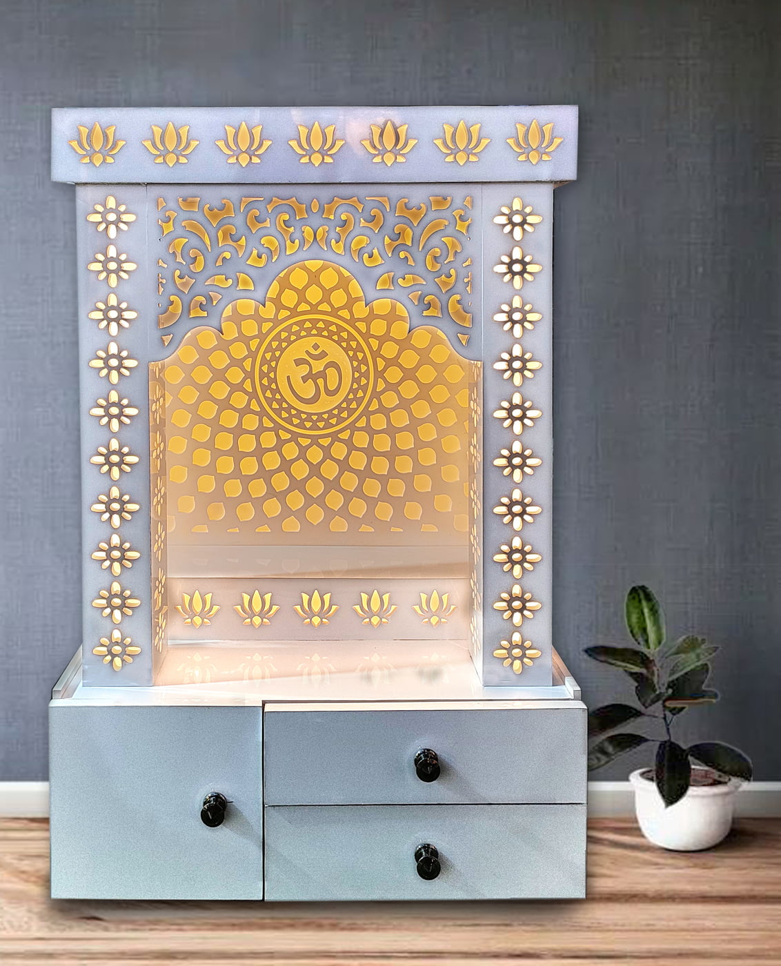 Om Corian Mandir: Elegant, Intricate, and Waterproof Temple with Storage