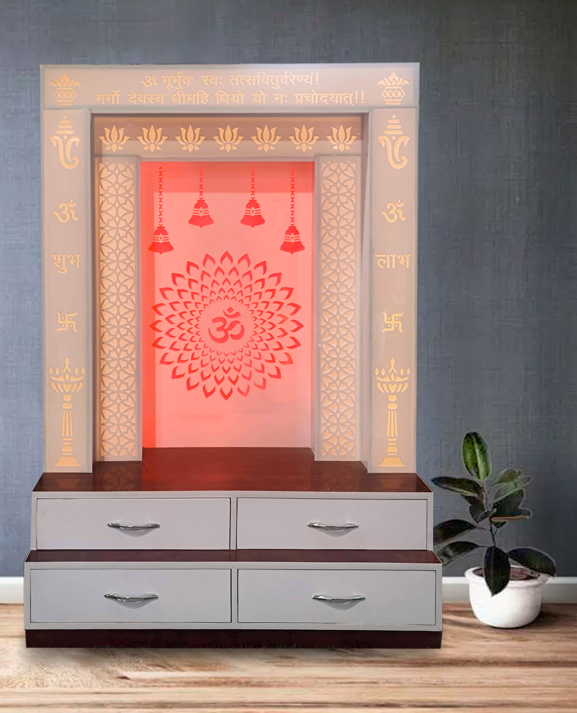 Om Mandir with Acrylic Om and Storage Space | Acrylic Pillar Online