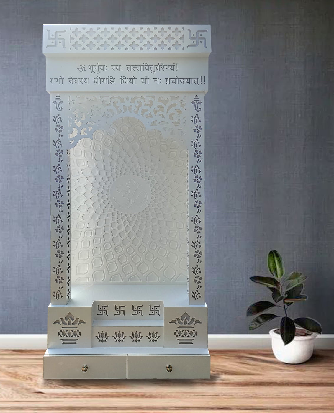 Om Corian Mandir: Elegant, Intricate, and Waterproof Temple with Storage