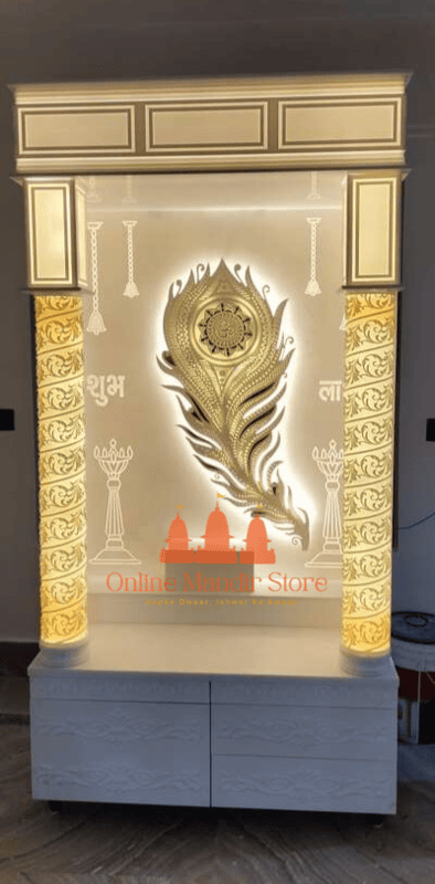 "Peacock Feather Glory: Radiant Corian Mandir with Sacred Symbols"